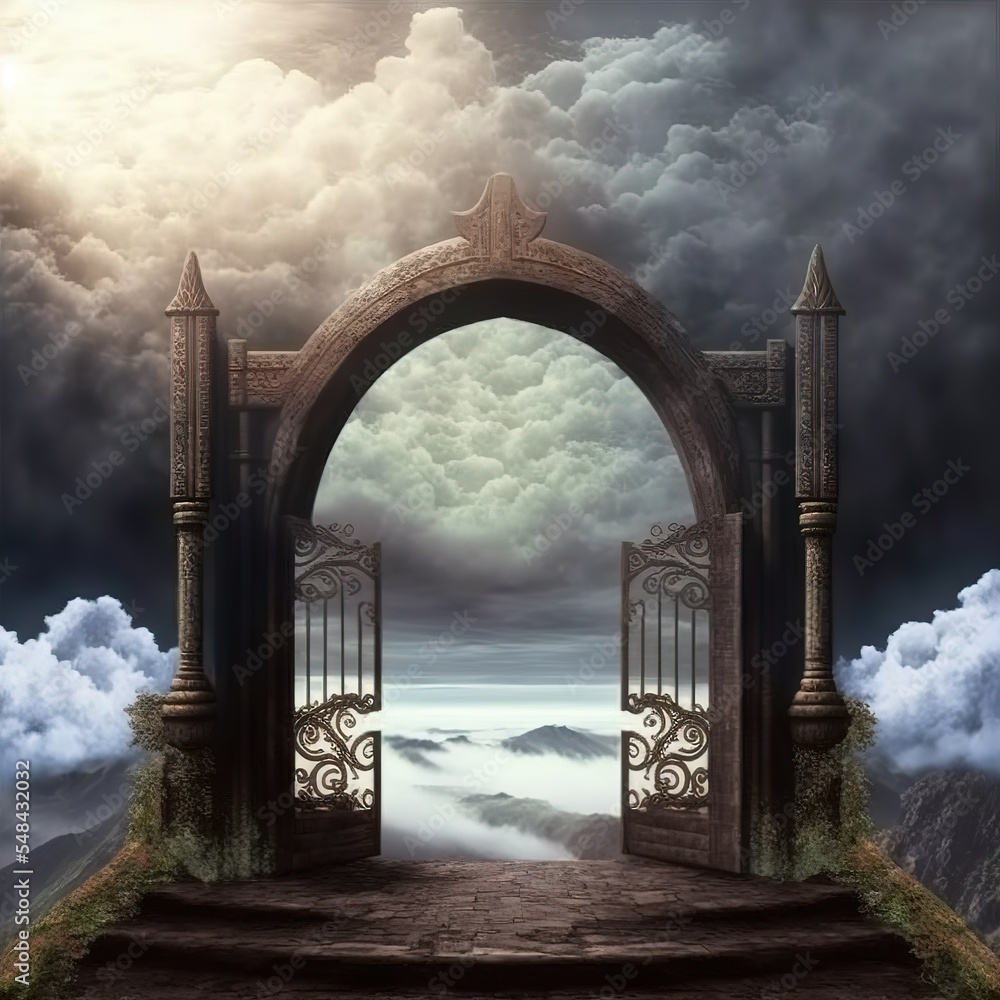 Wooden gate in dim clouds in an empty room. Portal to another world ...