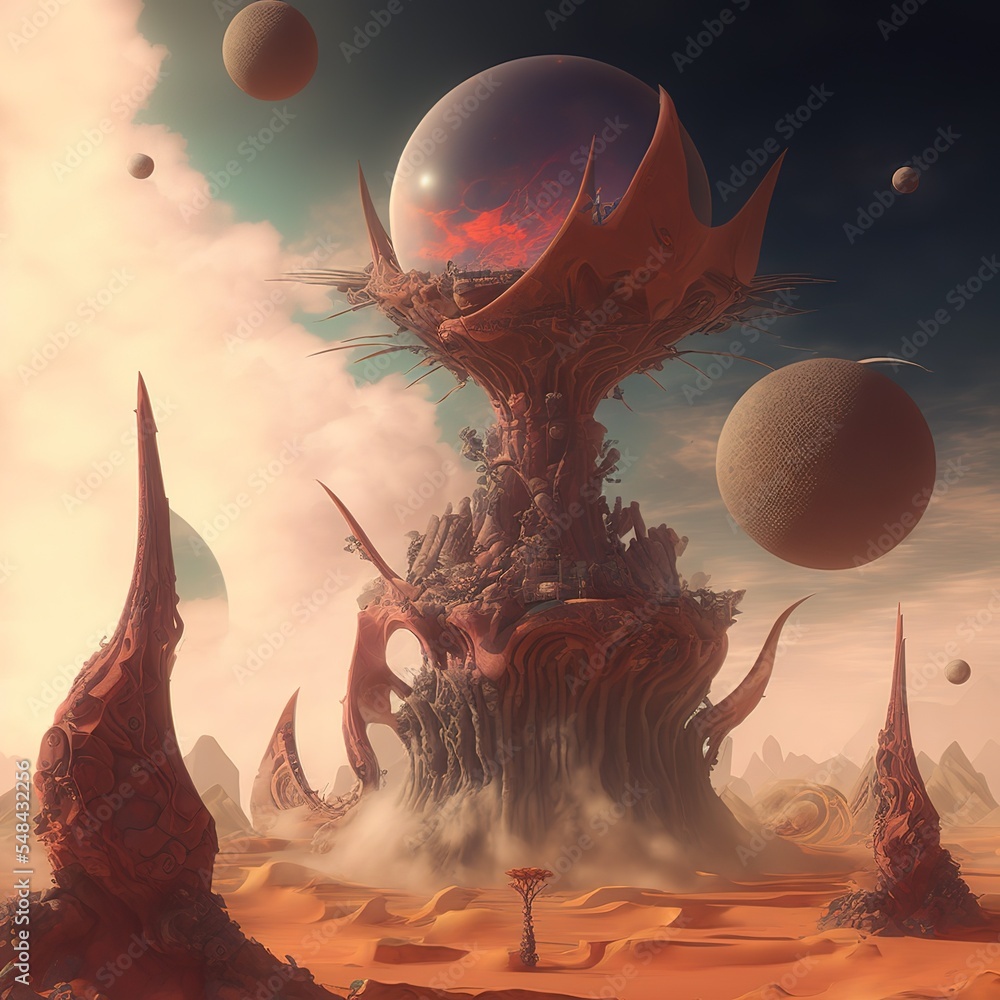 desert planet with alien objects in the sky. Volcano, smoke, lava ...