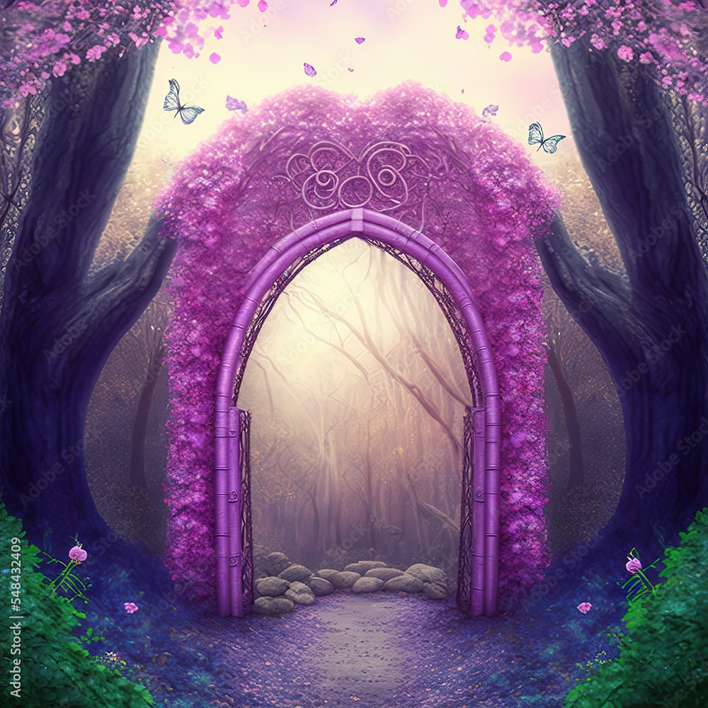 Elegant portal in floral arch on pink fairy tale forest glade ...