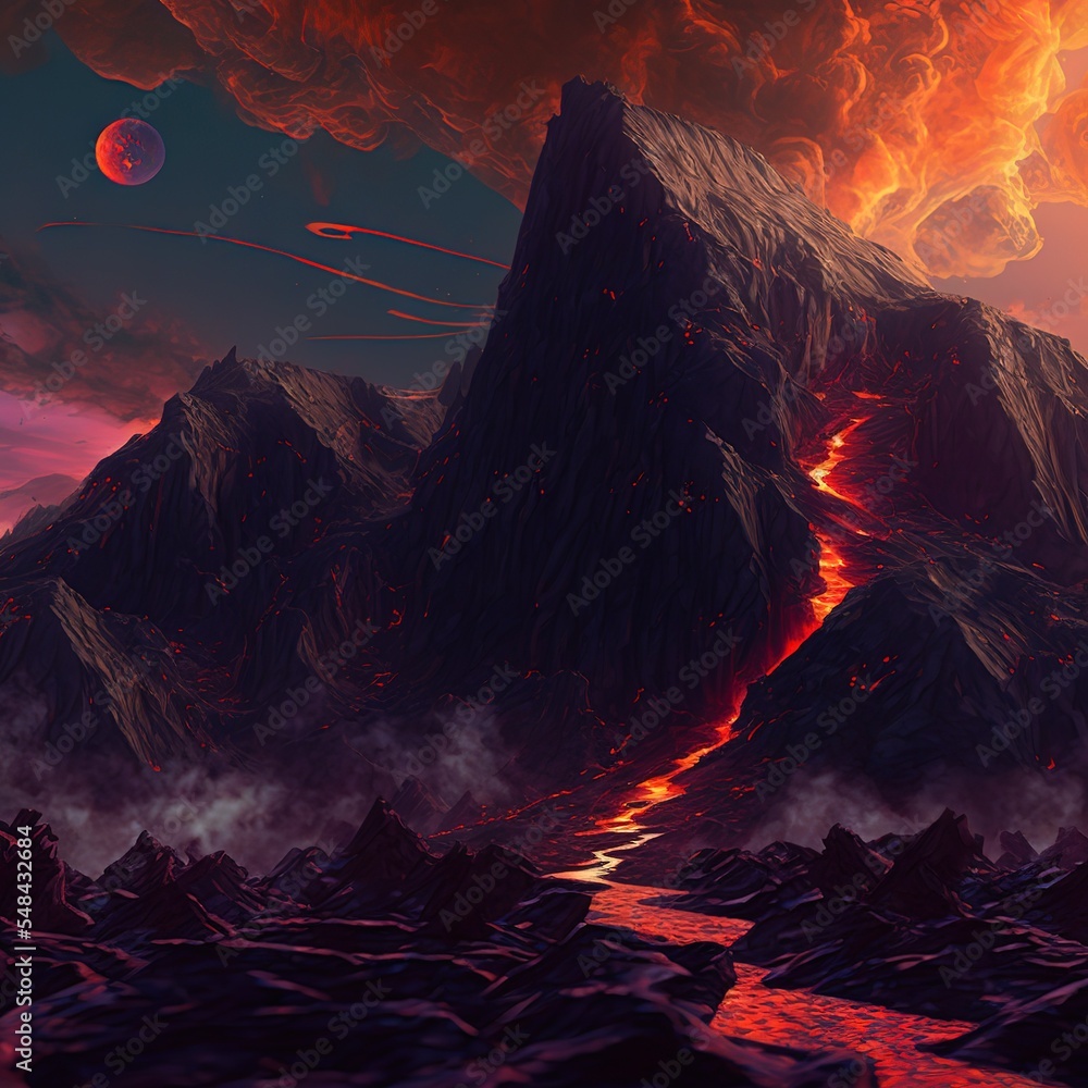 Lava on hot ground and mountains on alien planet under sky with clouds ...