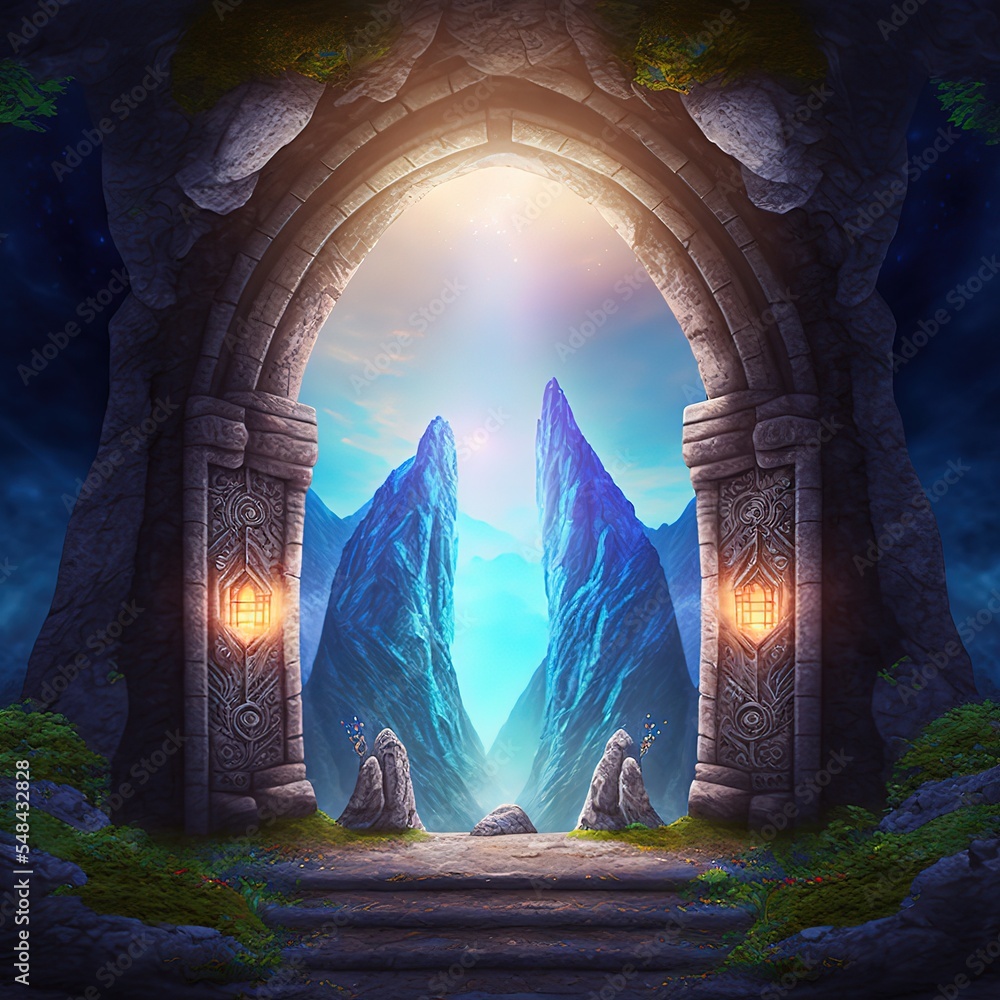 Portal in stone arch with magical symbols in mountain cave. Gate to ...