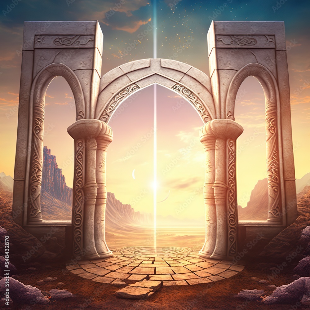 Portal in stone arch with magical symbols in mountain cave. Gate to ...