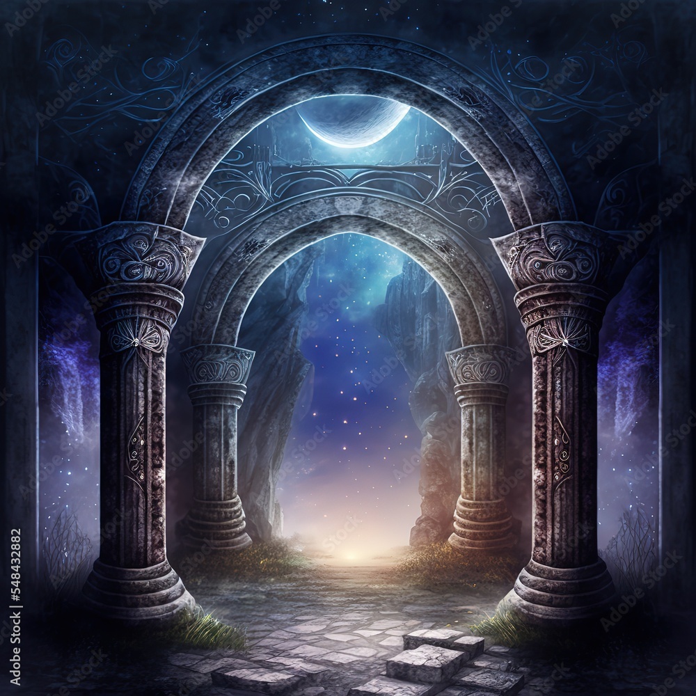 Raster illustration of ancient arch and pillars. portal to another ...