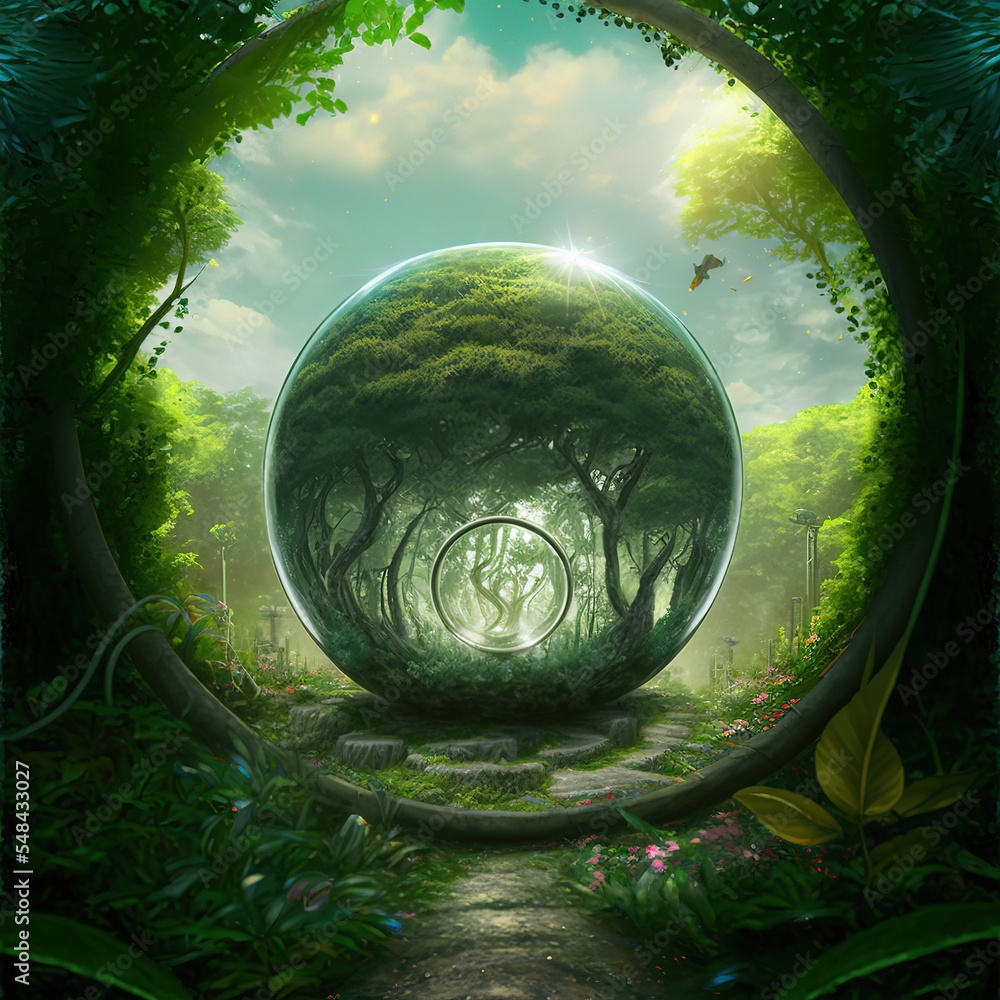 Raster illustration of magic sphere in the botanical garden. Portal in ...