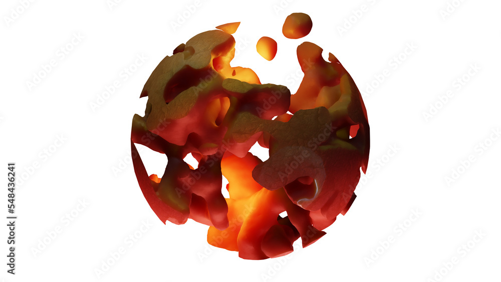 Glowing planet with large holes and cracks after explosion / collision ...