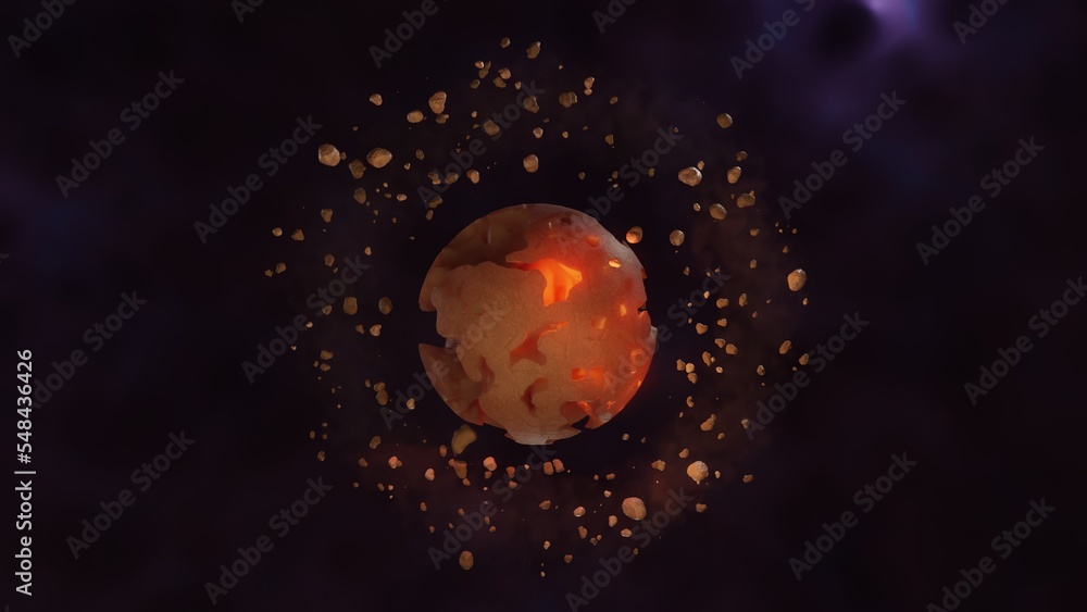 Glowing planet with rings and fractures. Planet with solid and gaseous ...