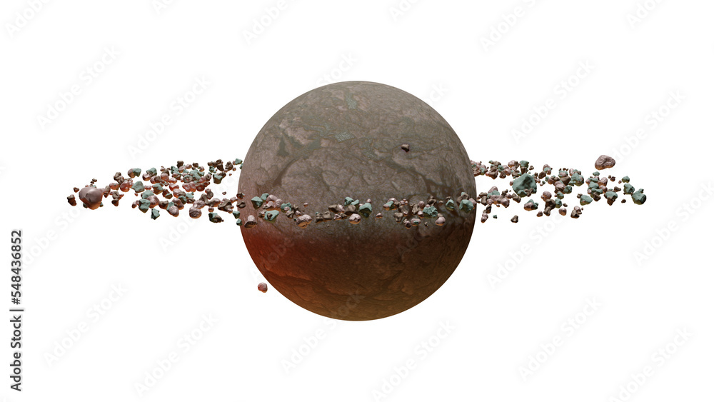 Planet with rings. Rocks, ice chunks, debris circling around planet. 3d ...