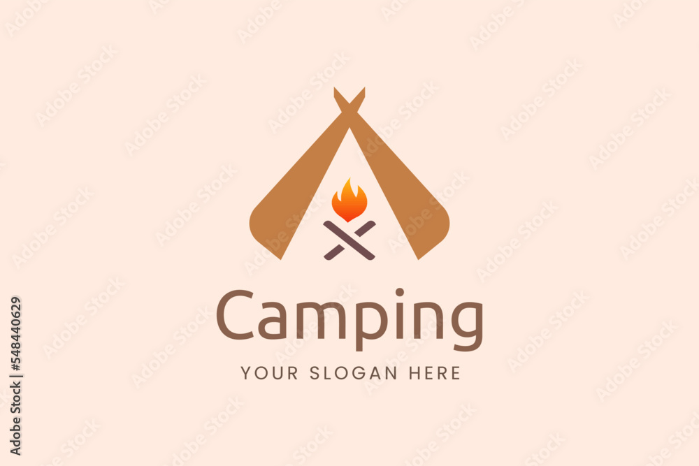 Simple camping logo with tent shape and bonfire Stock Vector | Adobe Stock