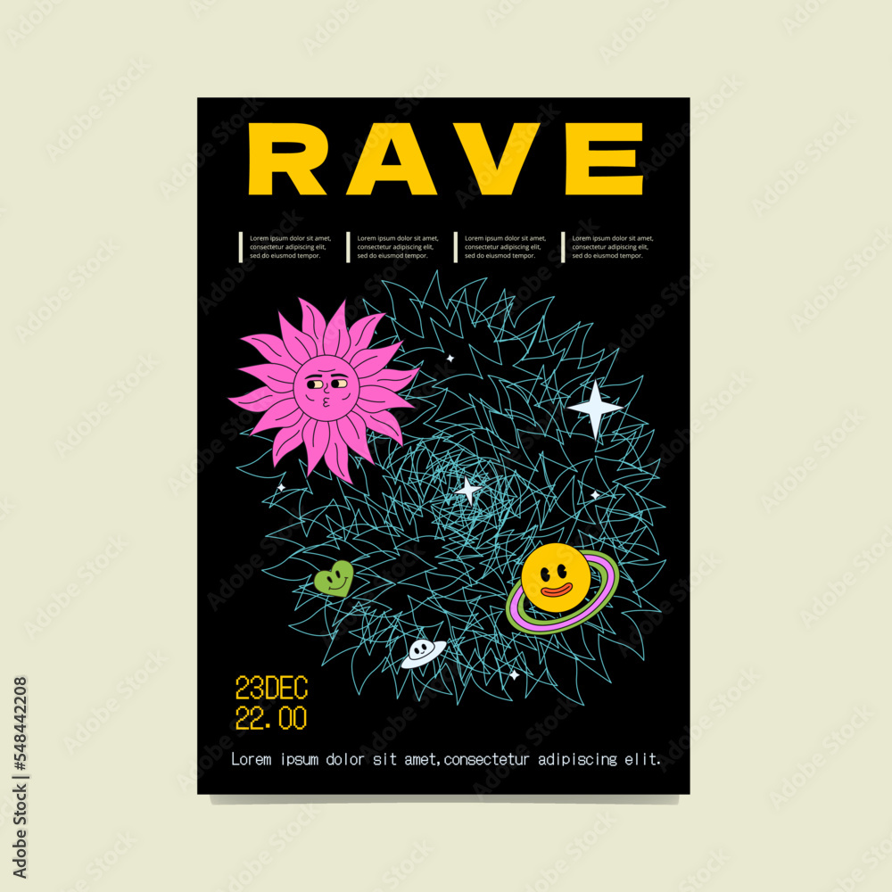 Minimalistic rave poster with groovy sun, smiling planet, and lined ...