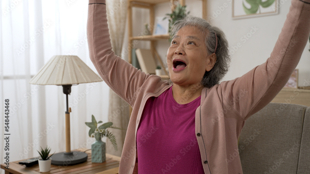 happy Asian retired old lady raising her arms while cheering for ...