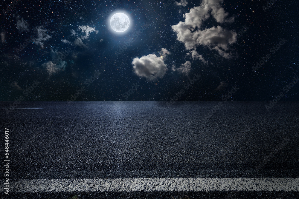 Road street at the night sky with moonlight and clouds - asphalt ...