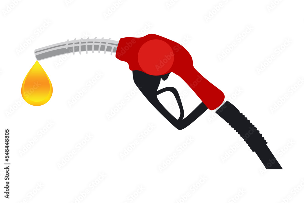Fuel handle pump nozzle with hose. Yellow drop of petrol dropping from ...