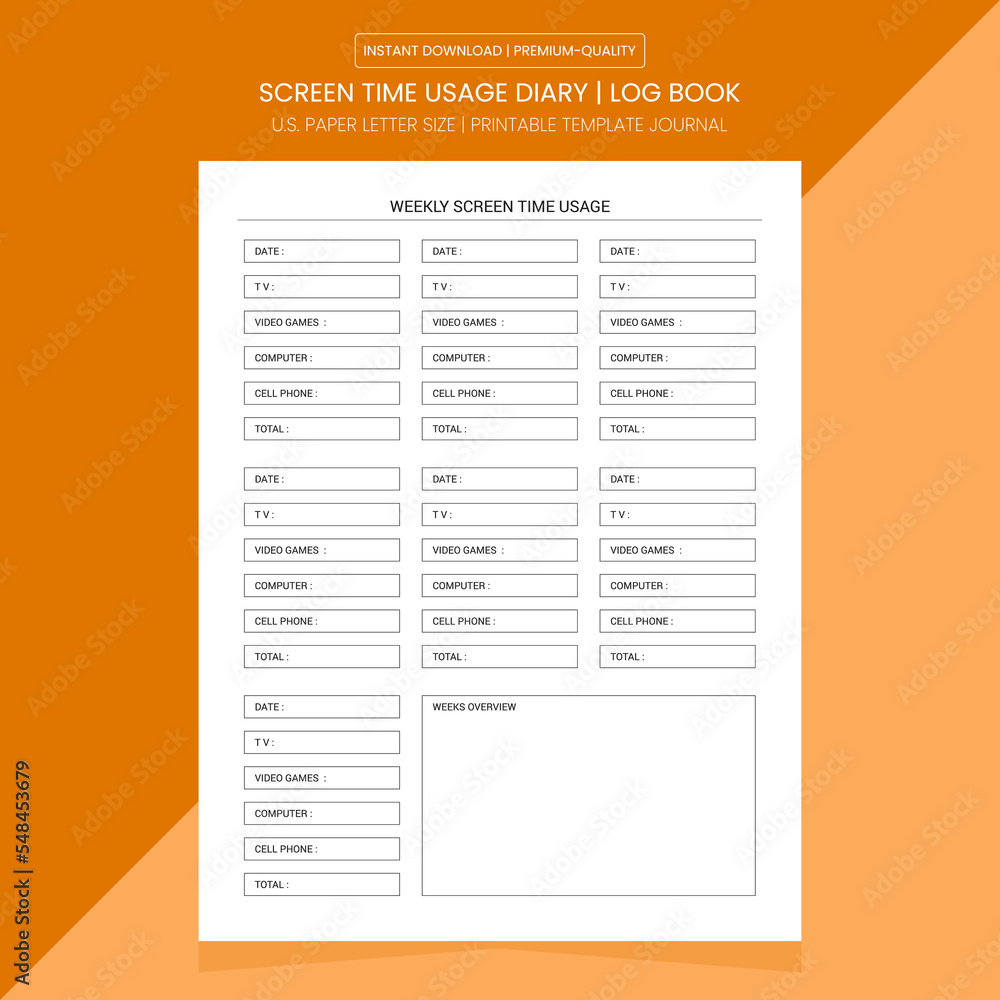 Screen Time Usage Log Book | Screen Time Usage Notebook Printable ...