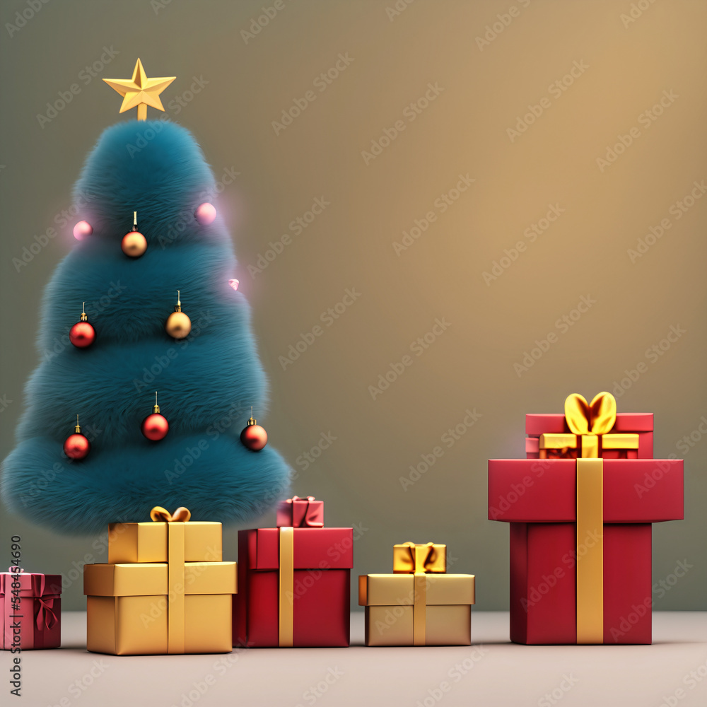 christmas tree with presents under it and a star on top of it, with a ...