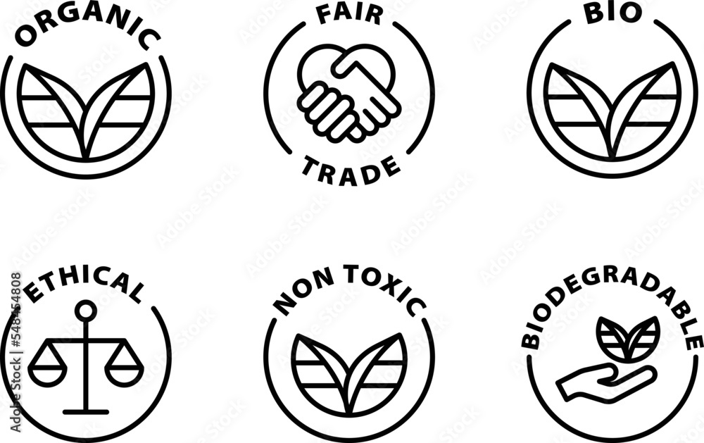 Vetor de organic, fair trade bio, ethical, non toxic, biodegradable ...