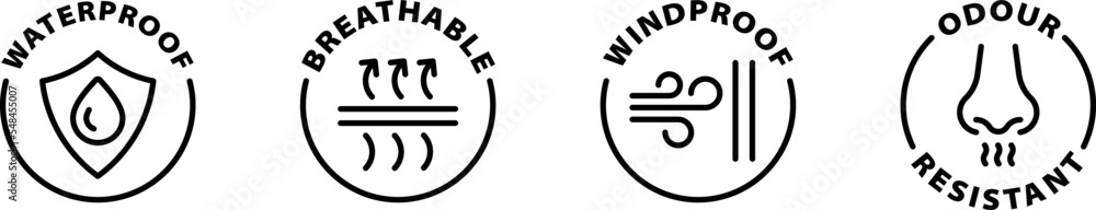 outdoor, waterproof, breathable, windproof, odour resistant icons, icon ...