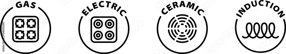 Gas, ceramic, electric, induction stoves icon set, icons. Isolated ...