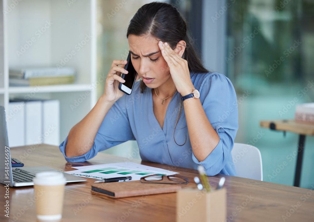 Phone call, stress or business woman with documents for headache ...
