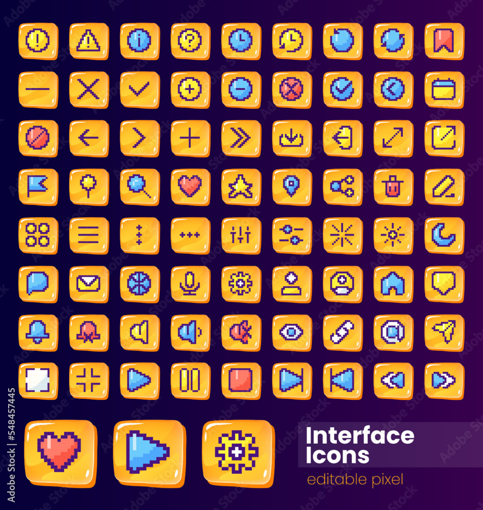 Website glossy ui button with pixelated color icon big set. Editable ...
