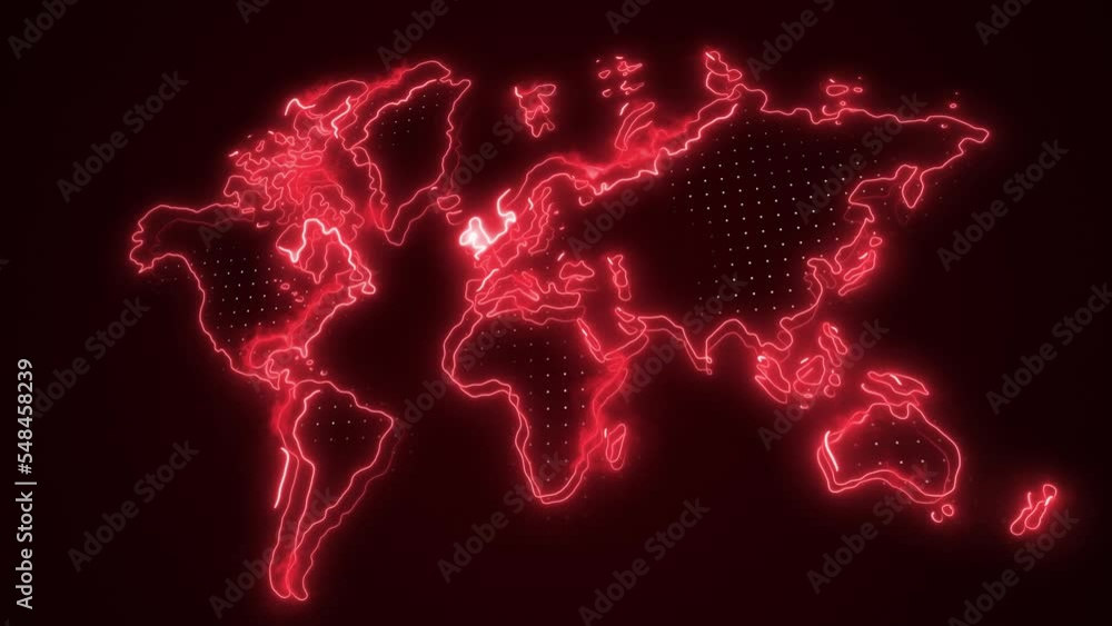 3D Moving Neon Red World Map Borders Outline Loop Background Stock ...