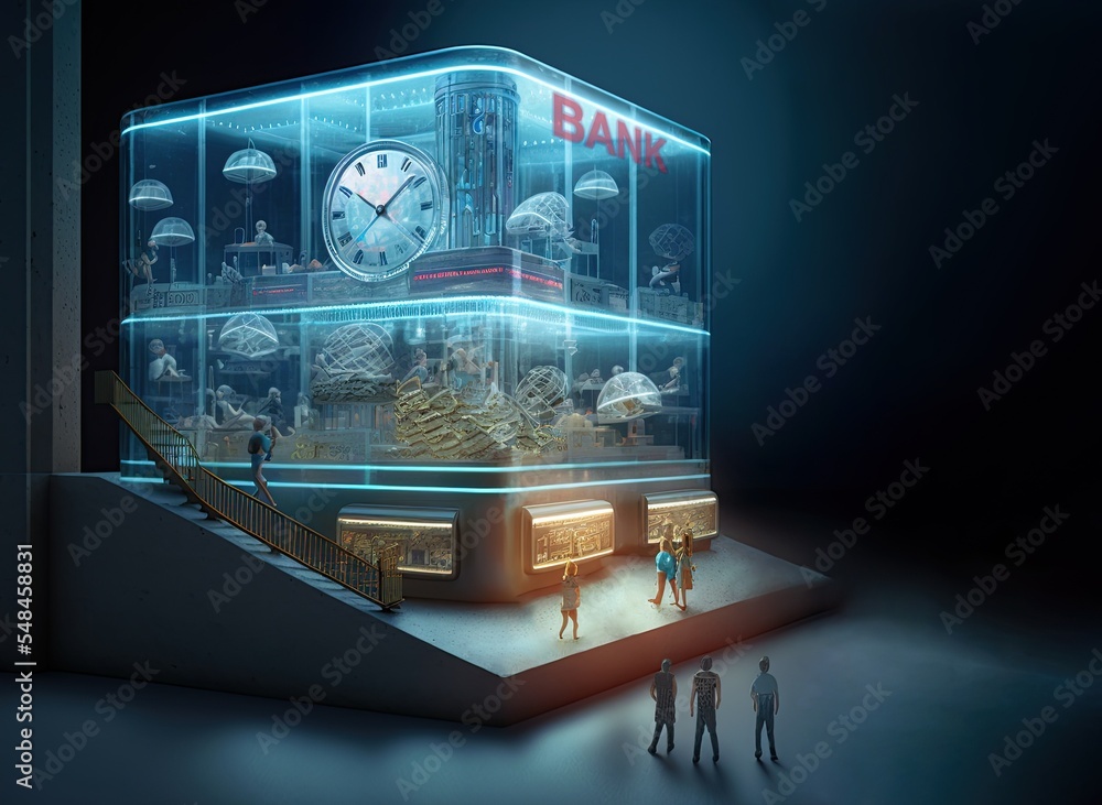 Isometric glass box with office workers and clients using bank ...