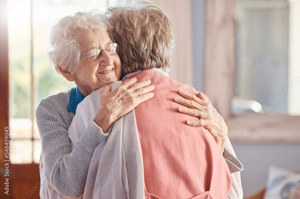 Friends, comfort and senior women hug in nursing home for empathy ...