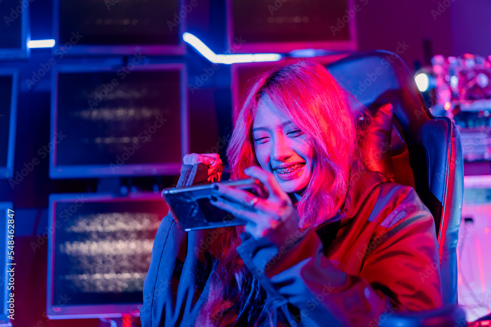 Winning or You Win. Young woman gamer champion excited, Happy gamer ...