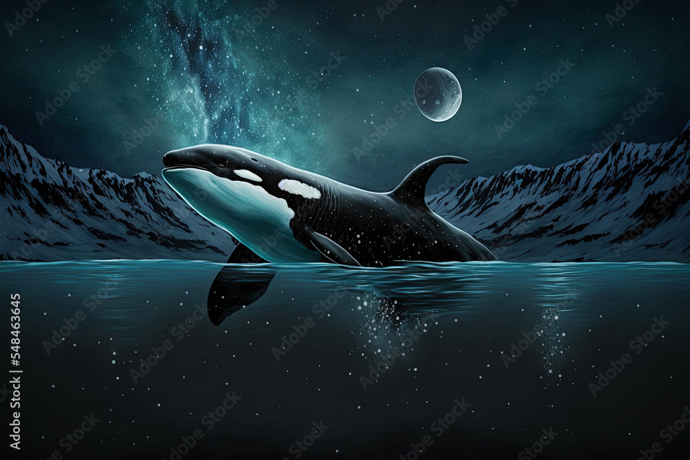 Killer whale breaching the icy arctic waters under the moonlit sky ...