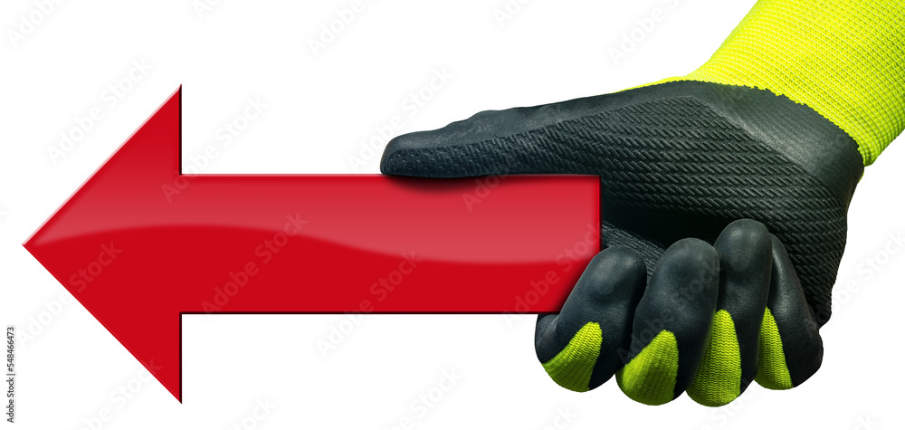 Manual worker with protective work gloves holding a red directional ...
