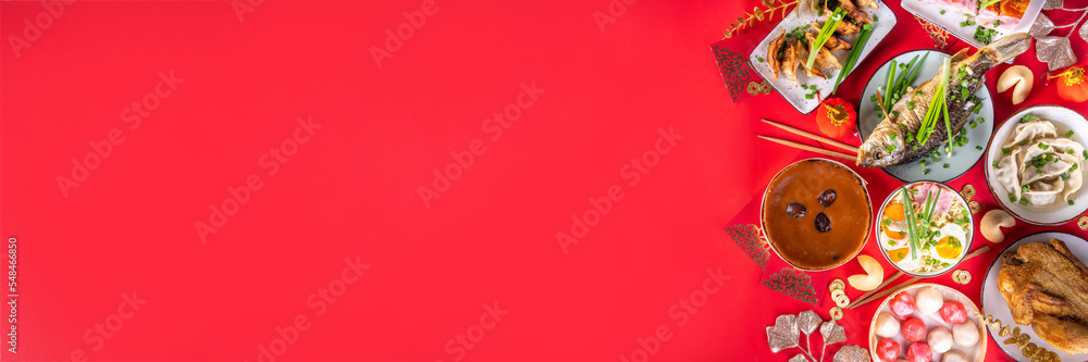 Traditional Chinese lunar New Year dinner table, party invitation, menu ...