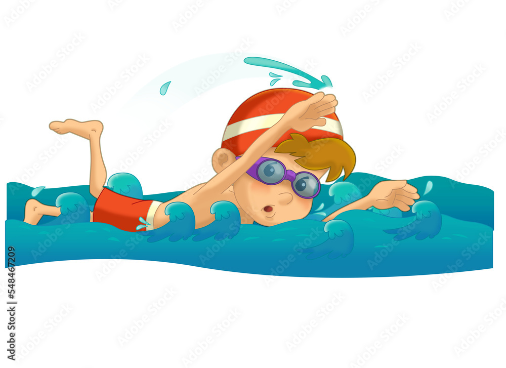 Cartoon child training - swimming isolated - illustration for the ...