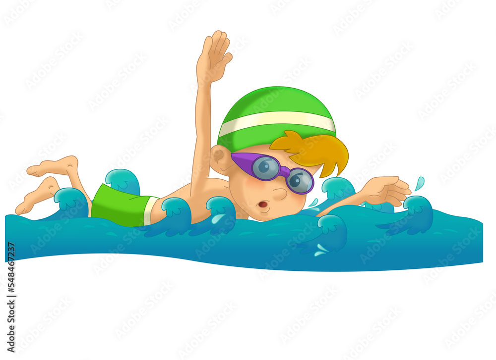 Cartoon child training - swimming isolated - illustration for the ...