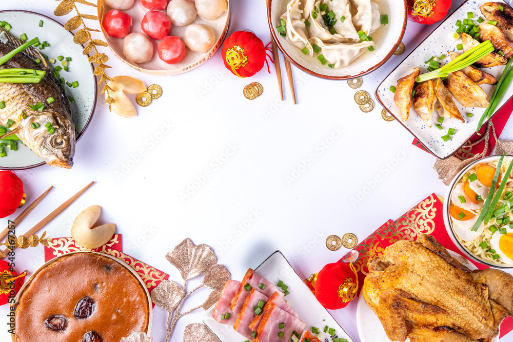 Traditional Chinese lunar New Year dinner table, party invitation, menu ...