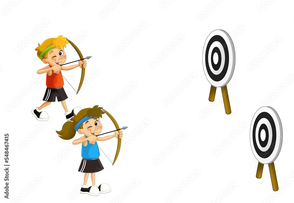 cartoon scene with boy and girl doing sport shooting gallery ...