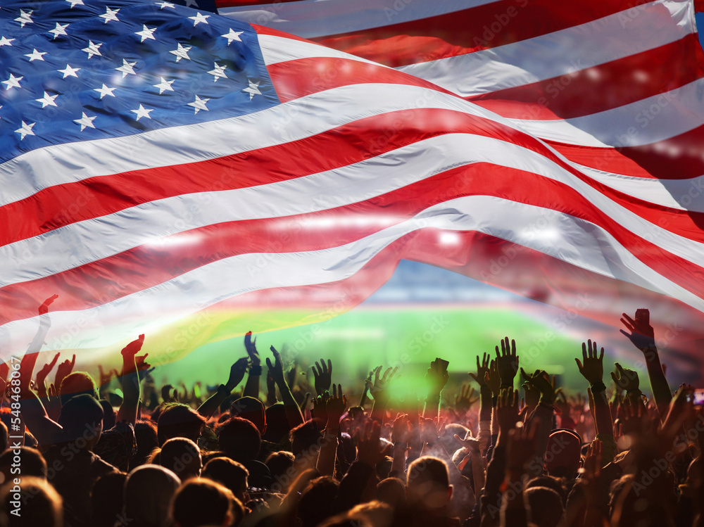 football or soccer fans and USA flag at a game in a stadium Stock Photo ...