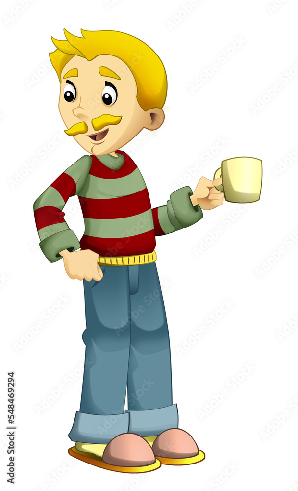 Cartoon man standing with a teapot and a cup - isolated - illustration ...