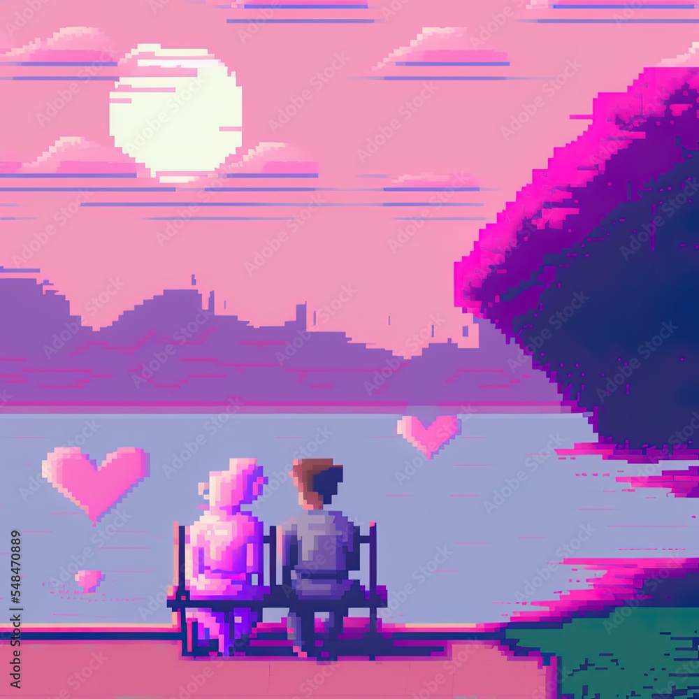 Romantic couple against pink evening landscape. Sunset sky. Pixelated ...