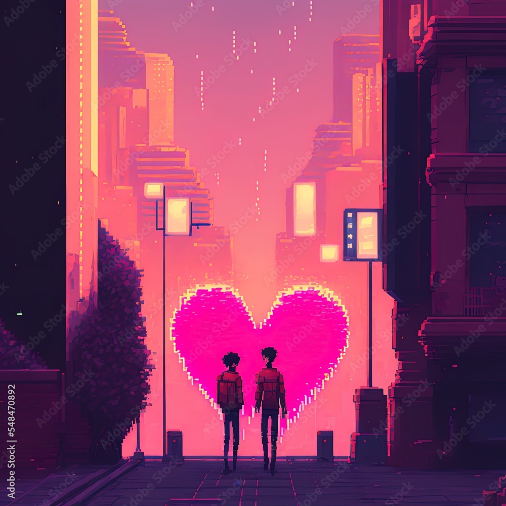 Romantic couple against pink evening landscape. Sunset sky. Pixelated Valentine's Day card in ...