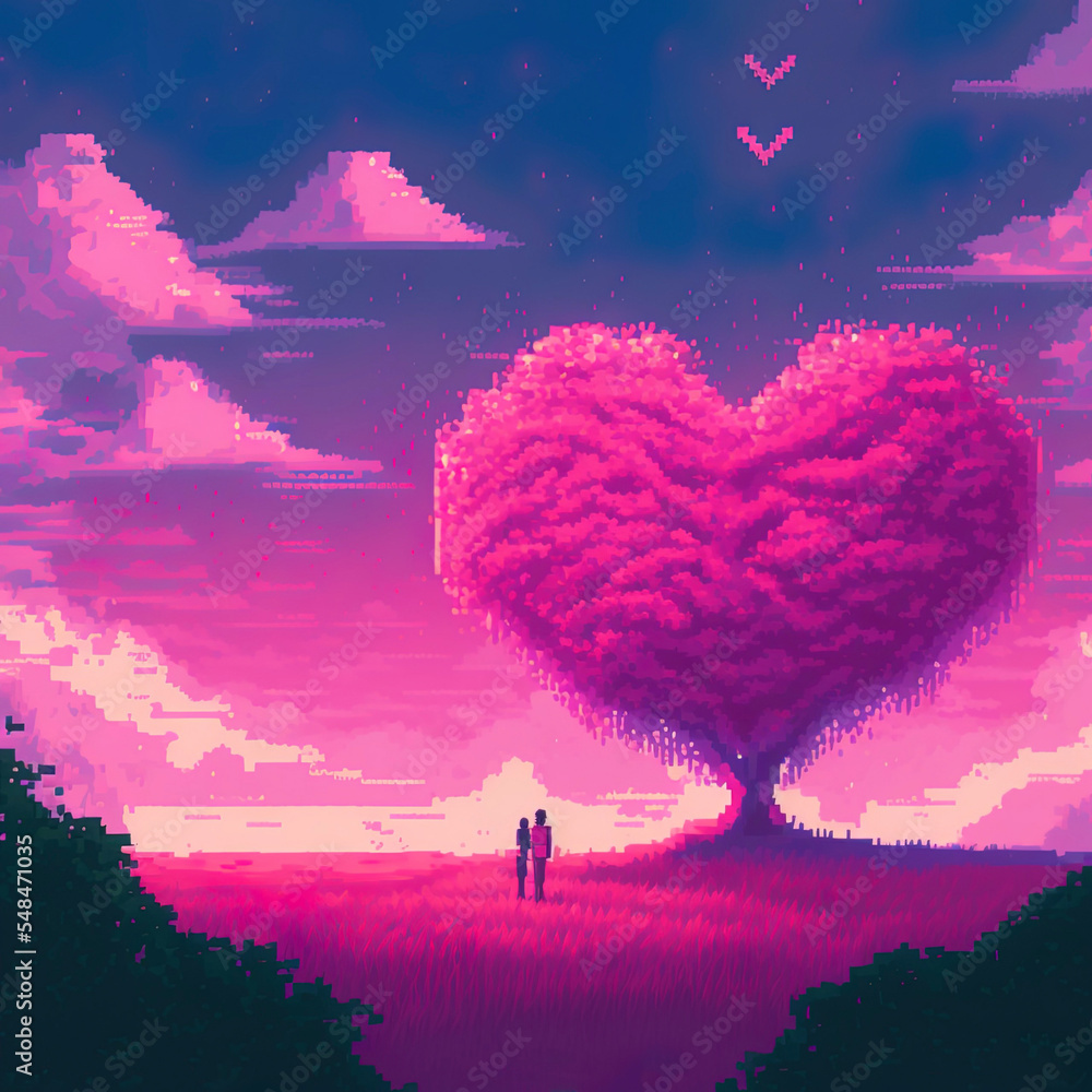 Romantic couple against pink evening landscape. Sunset sky. Pixelated ...