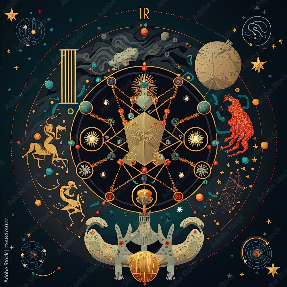 Graphic illustration of an astrology chart and the zodiac signs in ...