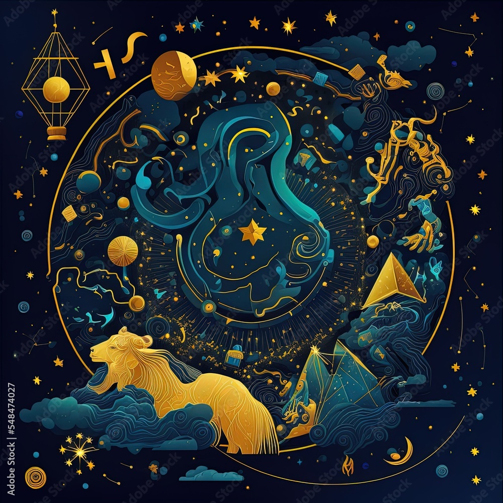 Graphic illustration of an astrology chart and the zodiac signs in ...