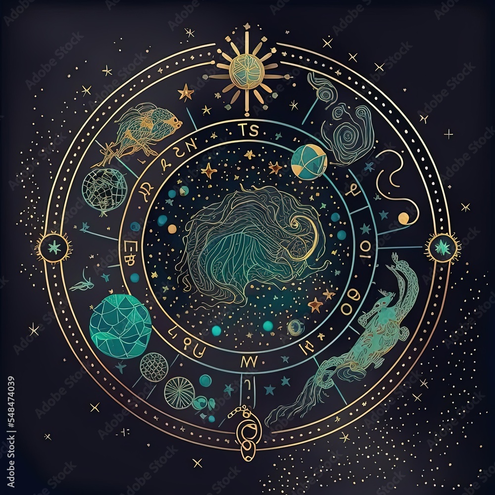 Graphic illustration of an astrology chart and the zodiac signs in ...