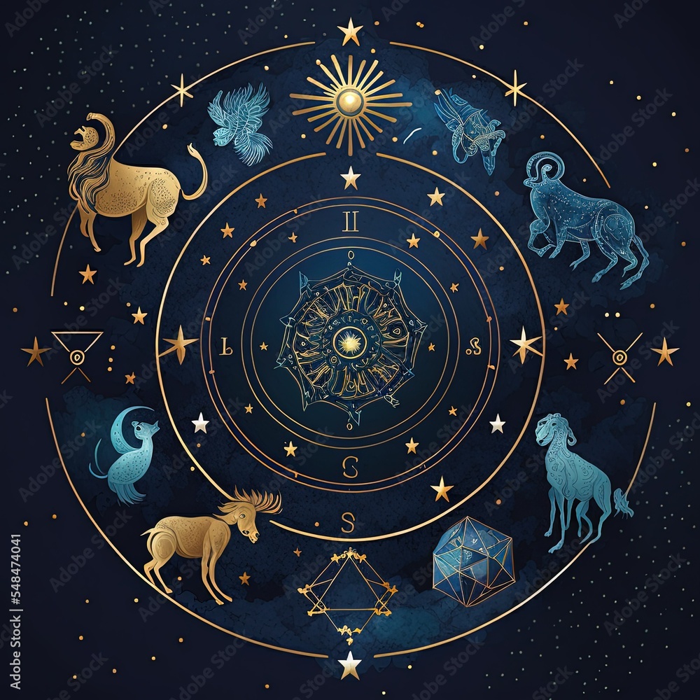Graphic illustration of an astrology chart and the zodiac signs in ...