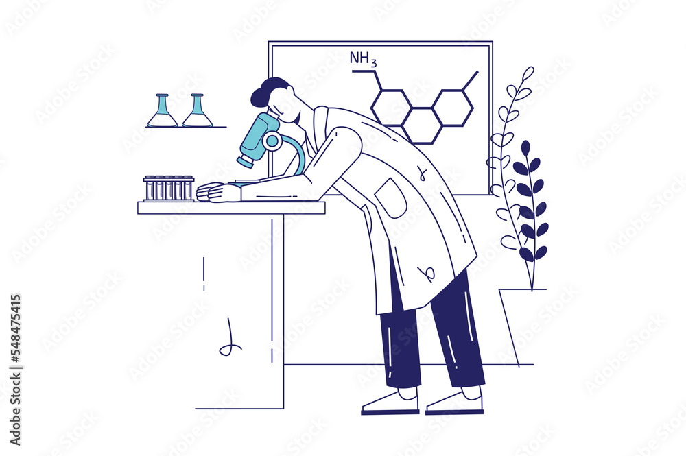 Science laboratory concept in flat line design for web banner. Man ...