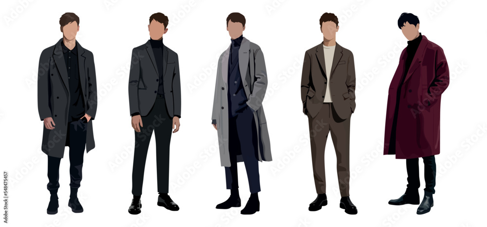 Group fashion men in modern trendy outfits. Young people wearing ...