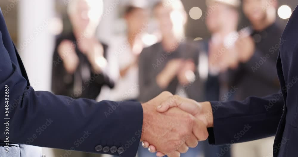 Business people, handshake and b2b deal with audience clapping hands ...