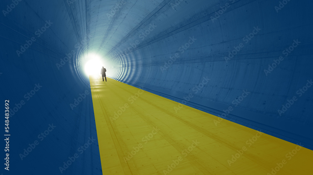 Concept or conceptual blue and yellow tunnel, the Ukrainian flag colors ...