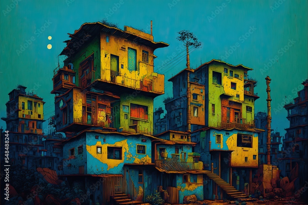 Colorful and vibrant shantytown squatters slum with multi storey square ...