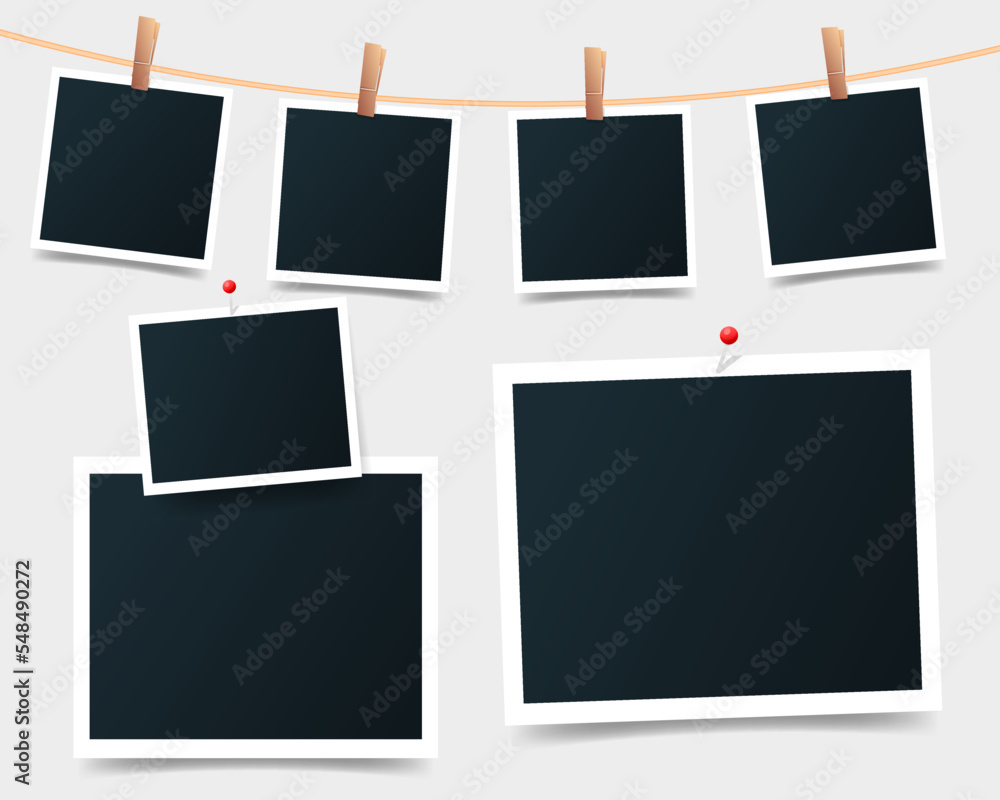 Big set of blank set photo picture frames on gray background. Retro ...