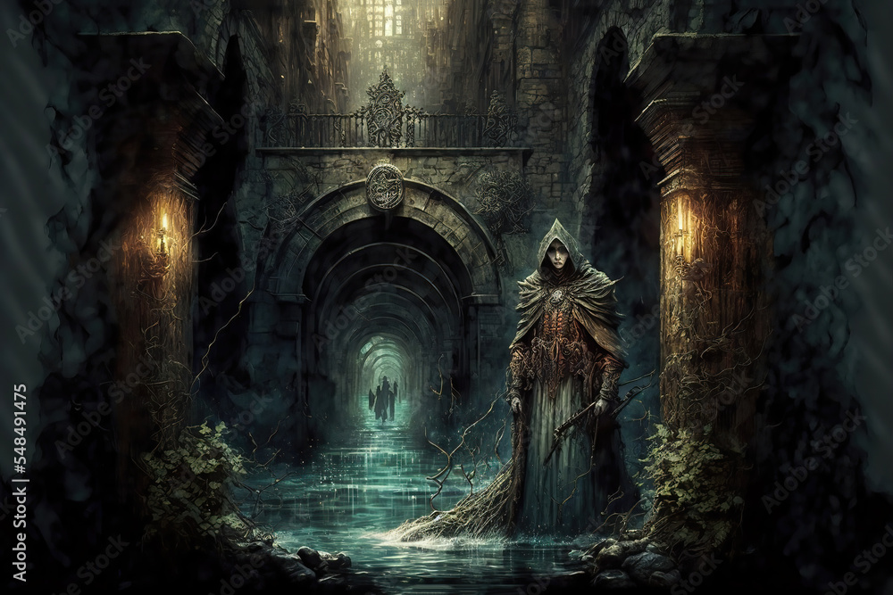 AI generated image of scary endless medieval catacombs with torches ...